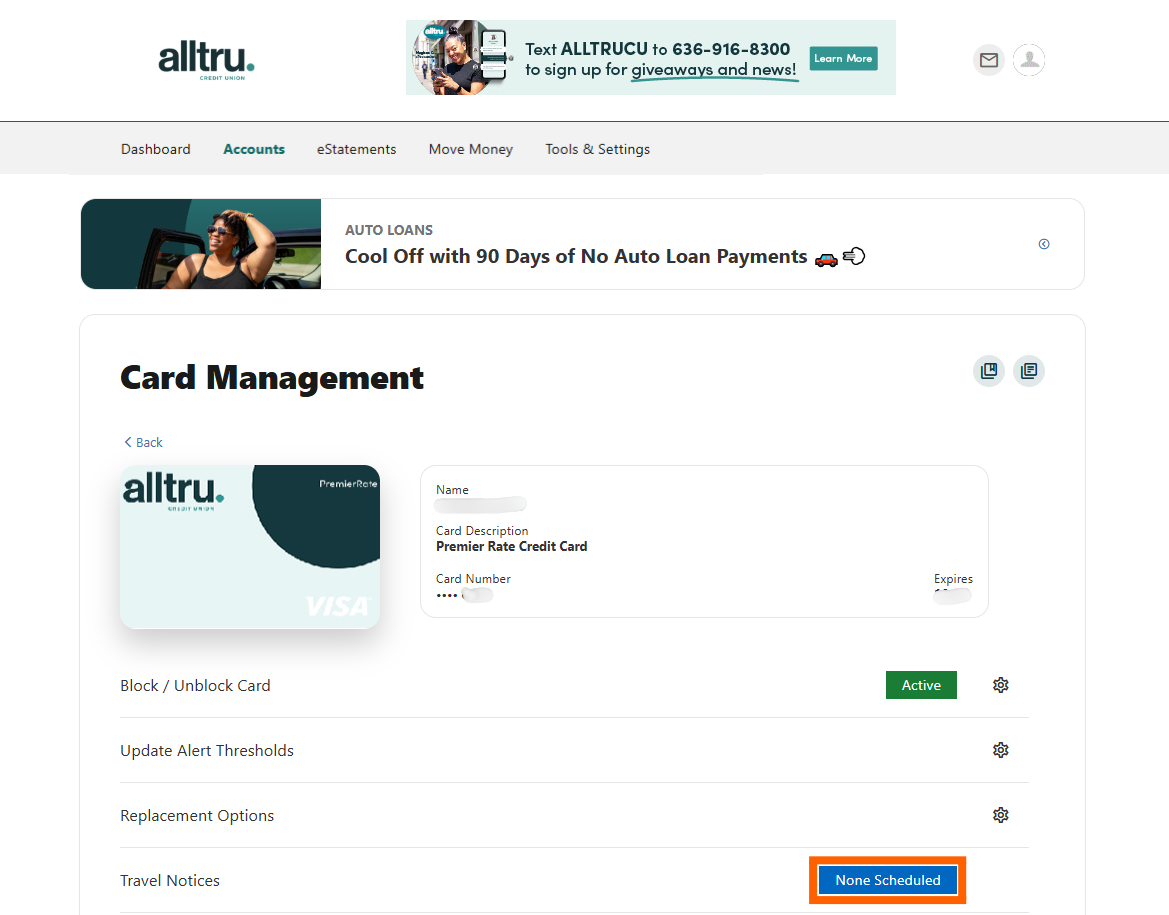 How to Set Up a Travel Notice | Alltru Credit Union | St. Louis, MO